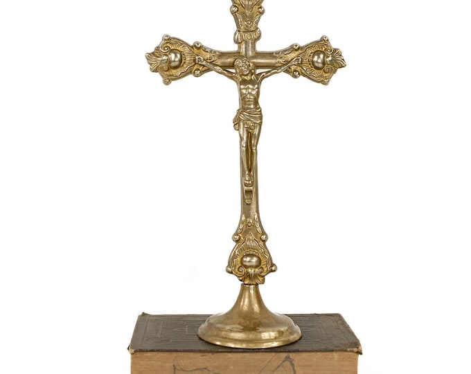 Vintage Solid Brass Crucifix - Tabletop, Intricate Detailing, Patina ...