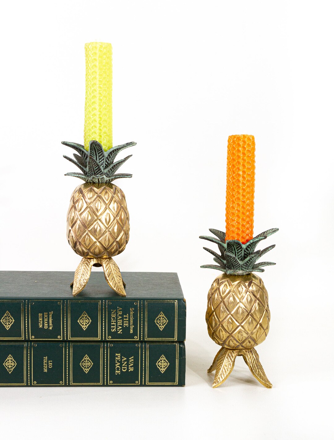 Pair of Vintage Brass Pineapple Candle Holders, Green Oxidized Tropical ...