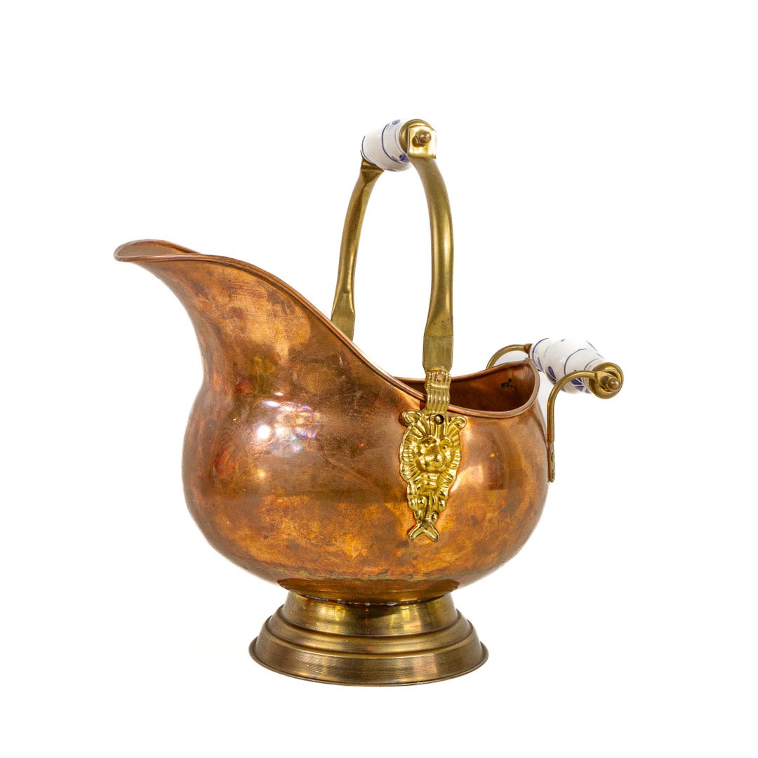 Vintage Copper Scuttle With Brass & Porcelain Accents - Rustic Planter ...
