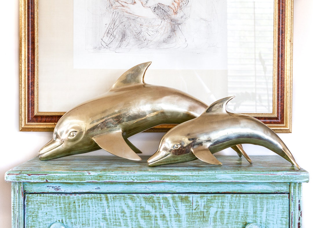 Large Solid Brass Dolphin Statues Coastal Nautical Beach Decor set of 2 ...