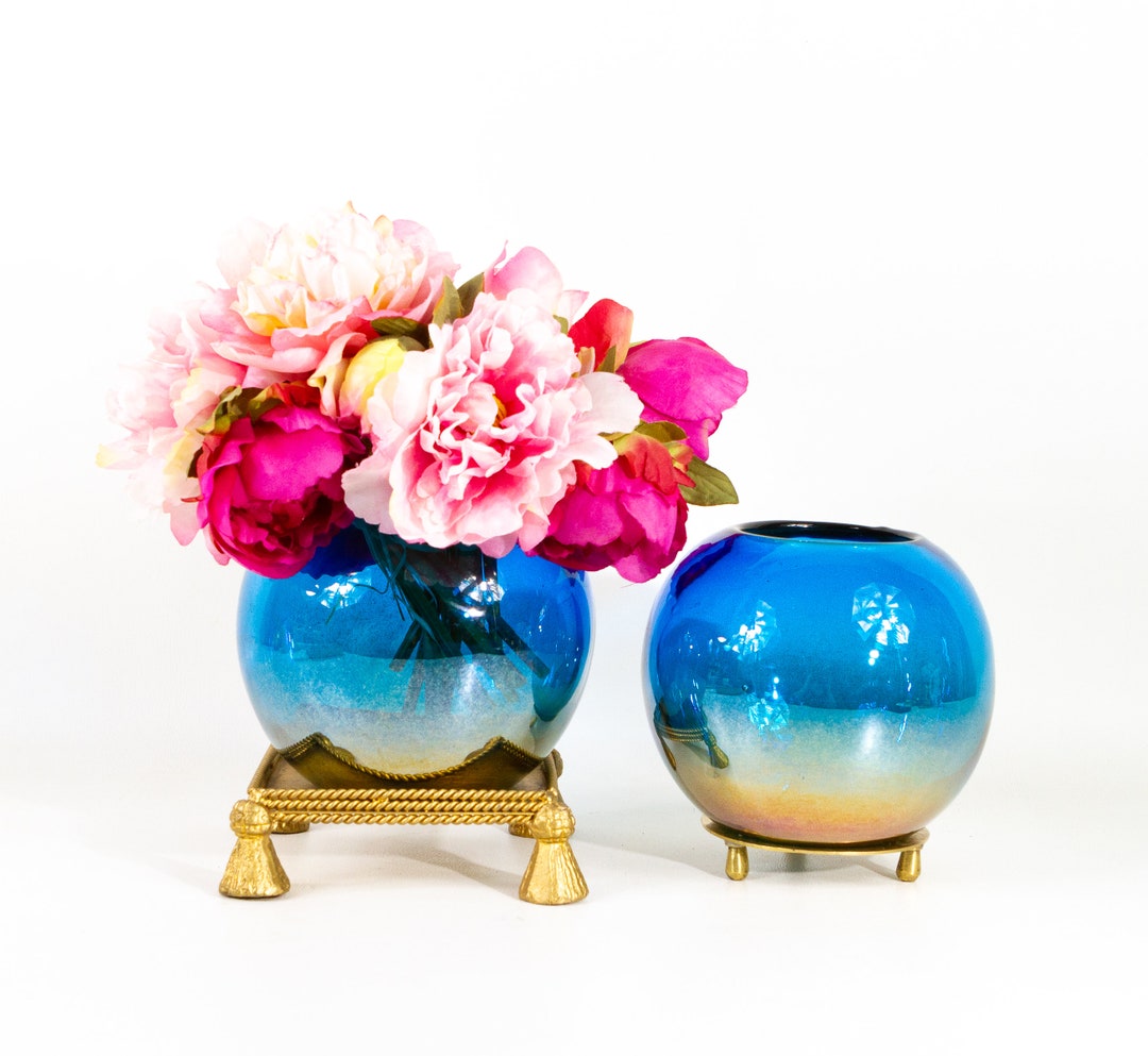 Marine Blue Glass Globe Vase, Modern Blue Vase, Home Decor, Centerpiece ...