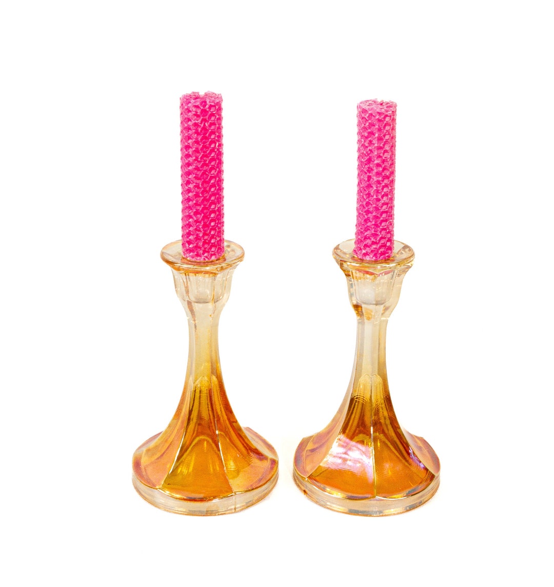Vintage Peach Glass Candlestick Holders set of 2 Rainbow Iridescence - Etsy