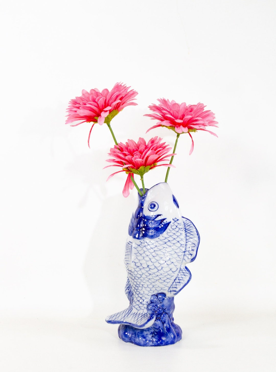 Blue & White Chinoiserie Koi Fish Vase, Unique Floral Display - Etsy
