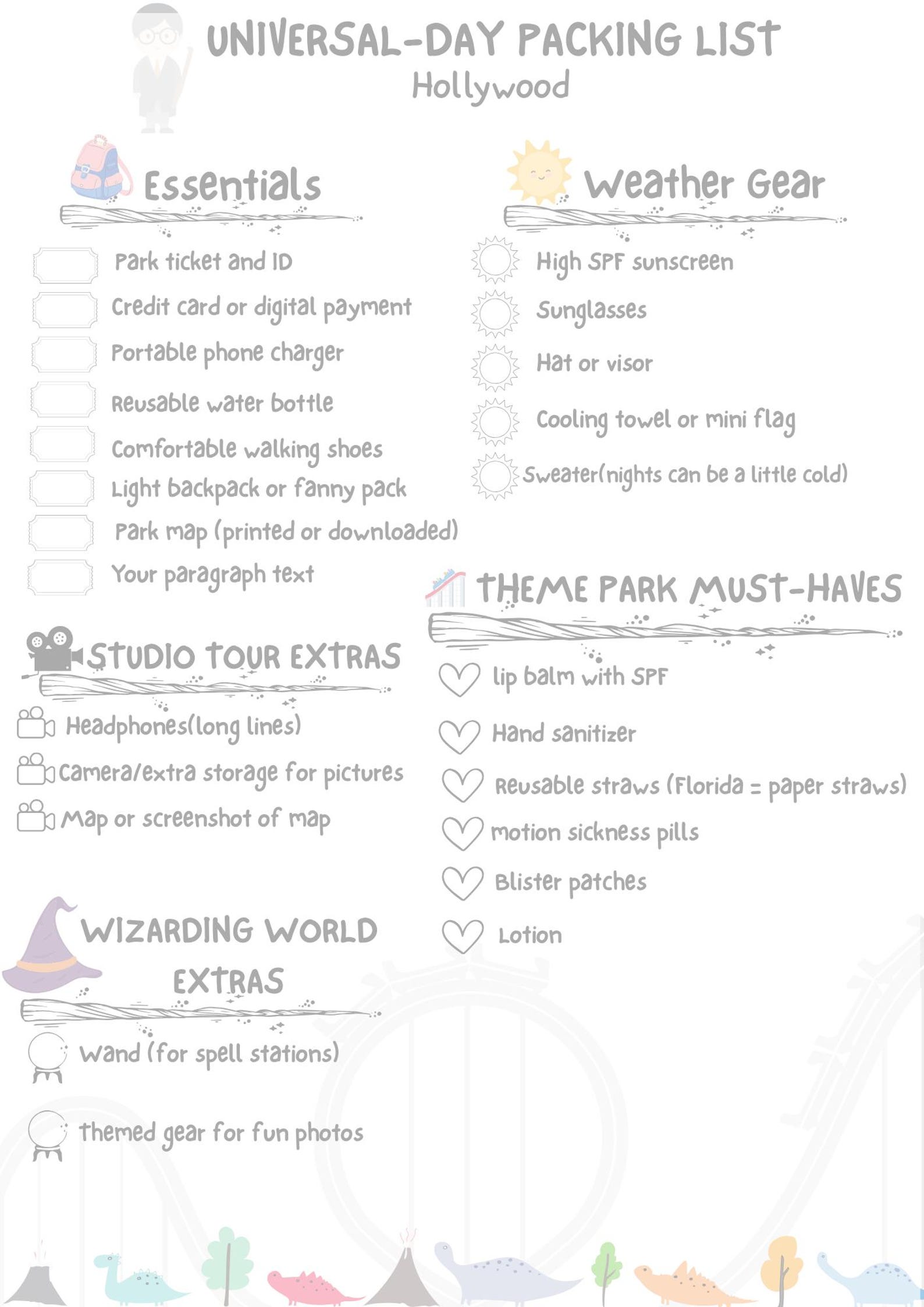 Universal Studios Packing List Printable | Day Bag Checklist for ...