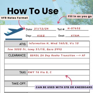 VFR Pilot Flight Lesson Notes Pad Template Aviation Sheet for Student ...