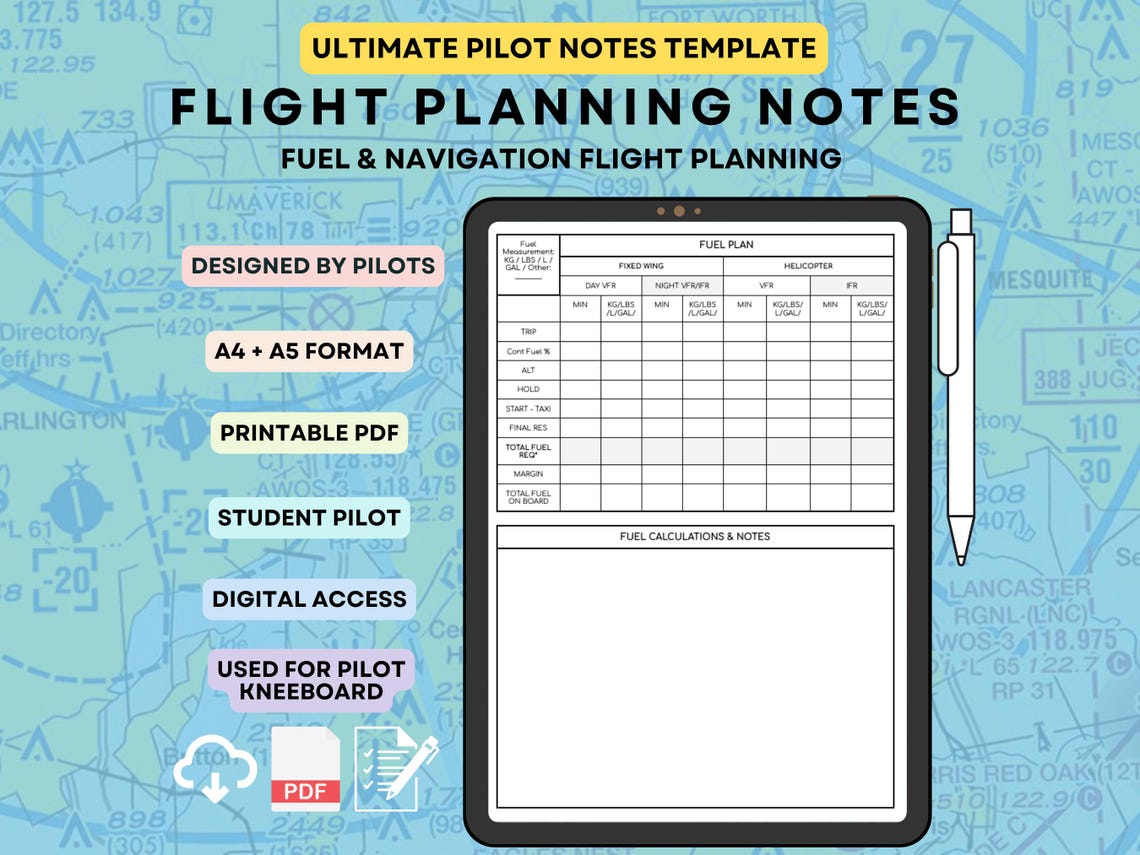 Pilot Flight Planning Notes Template: Fuel & Navigation (digital ...