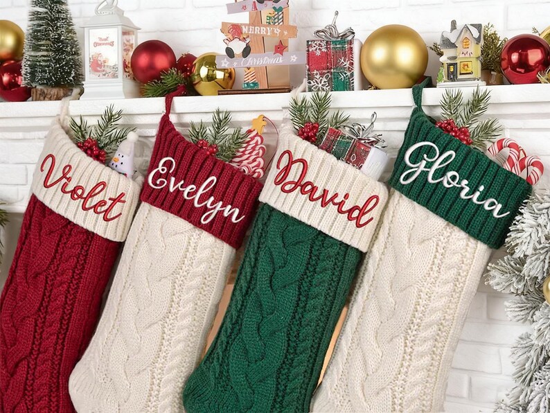 2025 Embroidered Christmas Stocking, Xmas Knitted Family Stockings ...