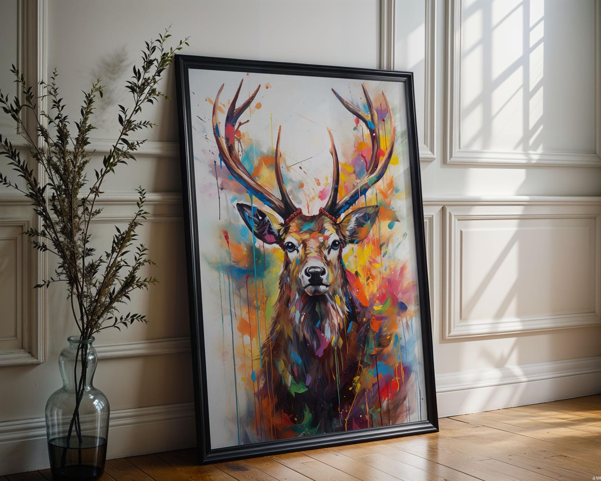 Colorful Stag Digital Wall Art | Rustic Deer Painting | Vintage Print ...