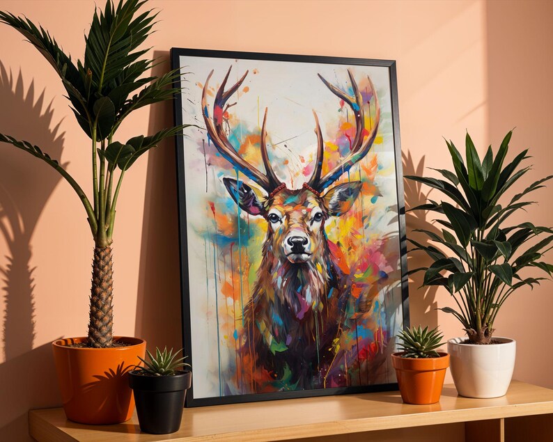 Colorful Stag Digital Wall Art | Rustic Deer Painting | Vintage Print ...