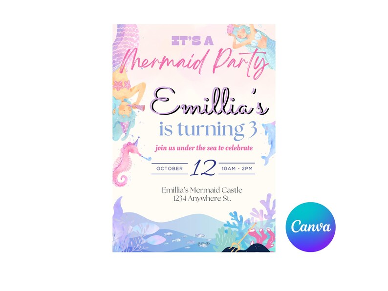 Mermaid Invitation Editable Canva Template | Birthday Invitation ...