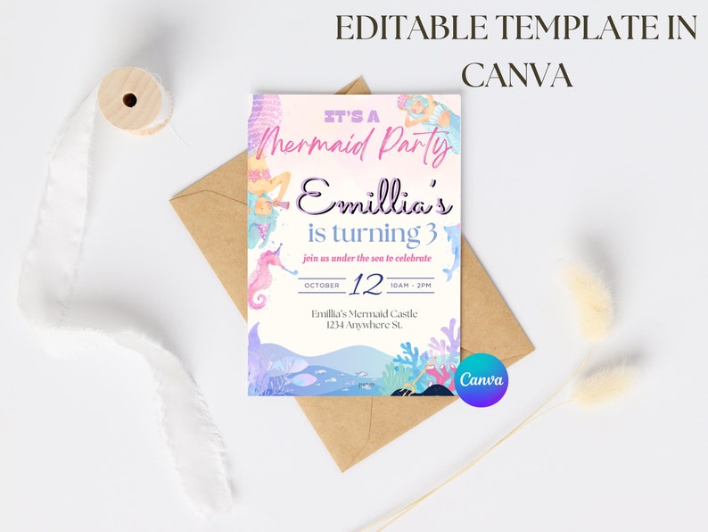 Mermaid Invitation Editable Canva Template | Birthday Invitation ...