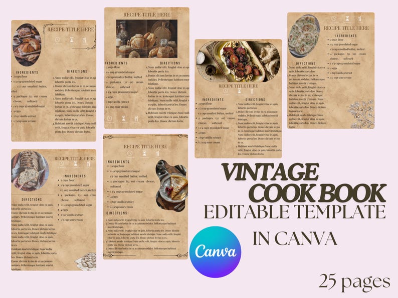 Vintage Style Editable Cookbook Template printable Retro Recipe Pages ...