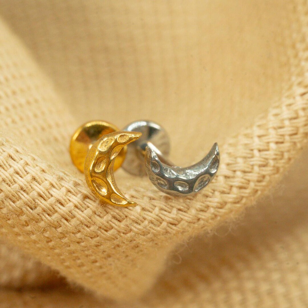 16G Hammered Moon Flat Back Stud - Screw Back Stud - Crescent Moon Earrings - Cartilage Piercing ...