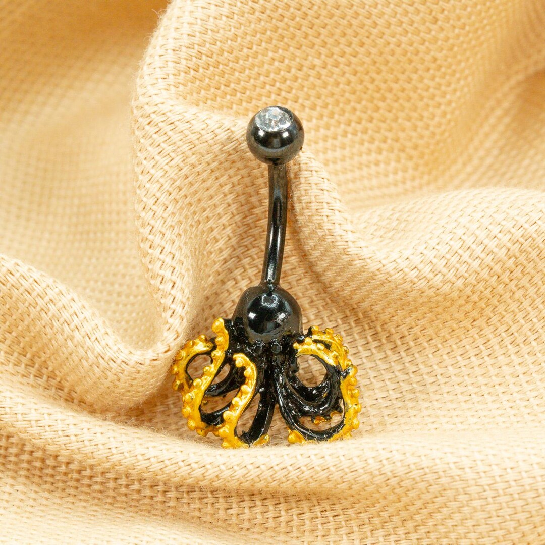 14G Gold Black Kraken Belly Button Ring Dangle Navel Jewelry Curved ...