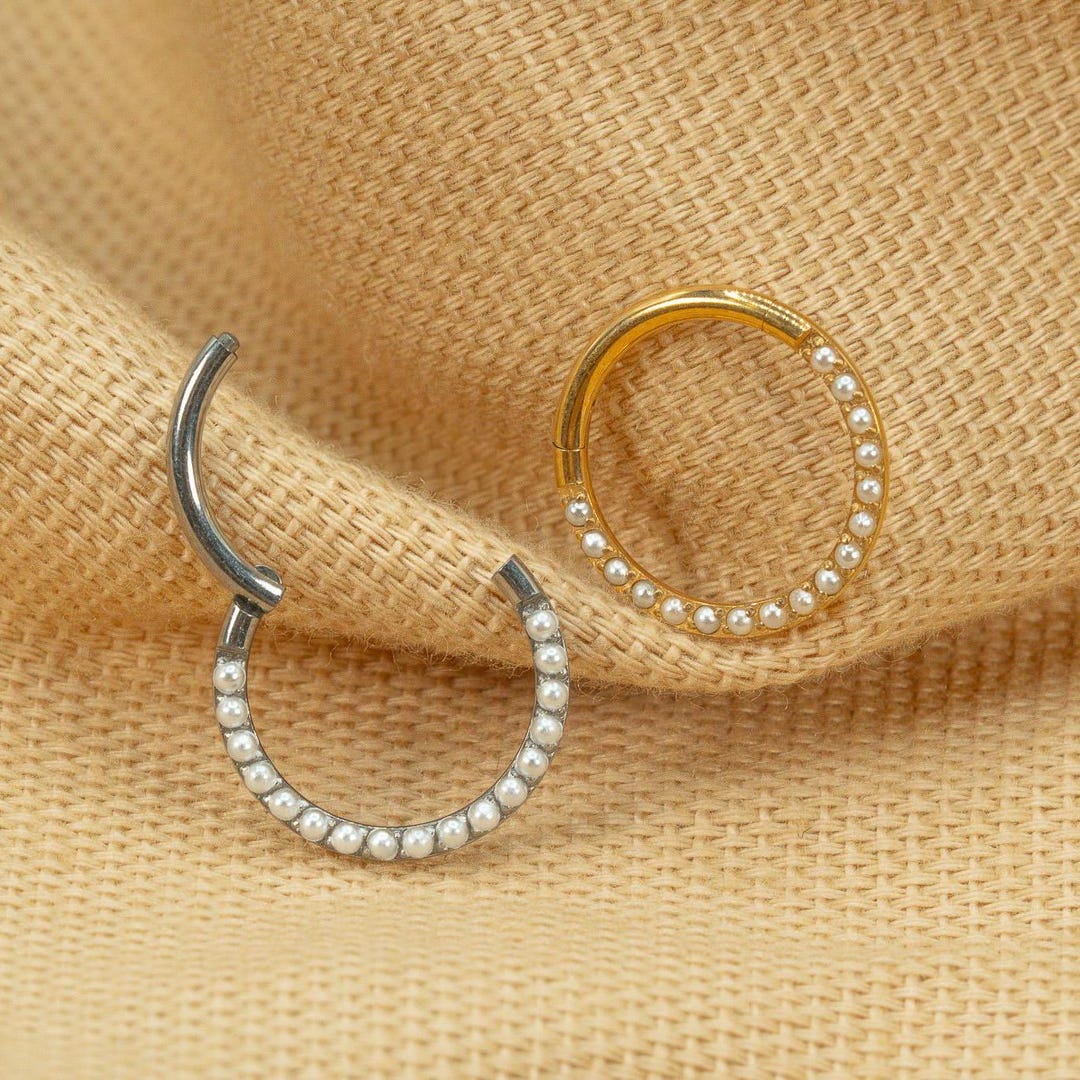 16G White Pearl Hoop • Titanium Clicker Hoop • Septum Ring • Conch Hoop ...