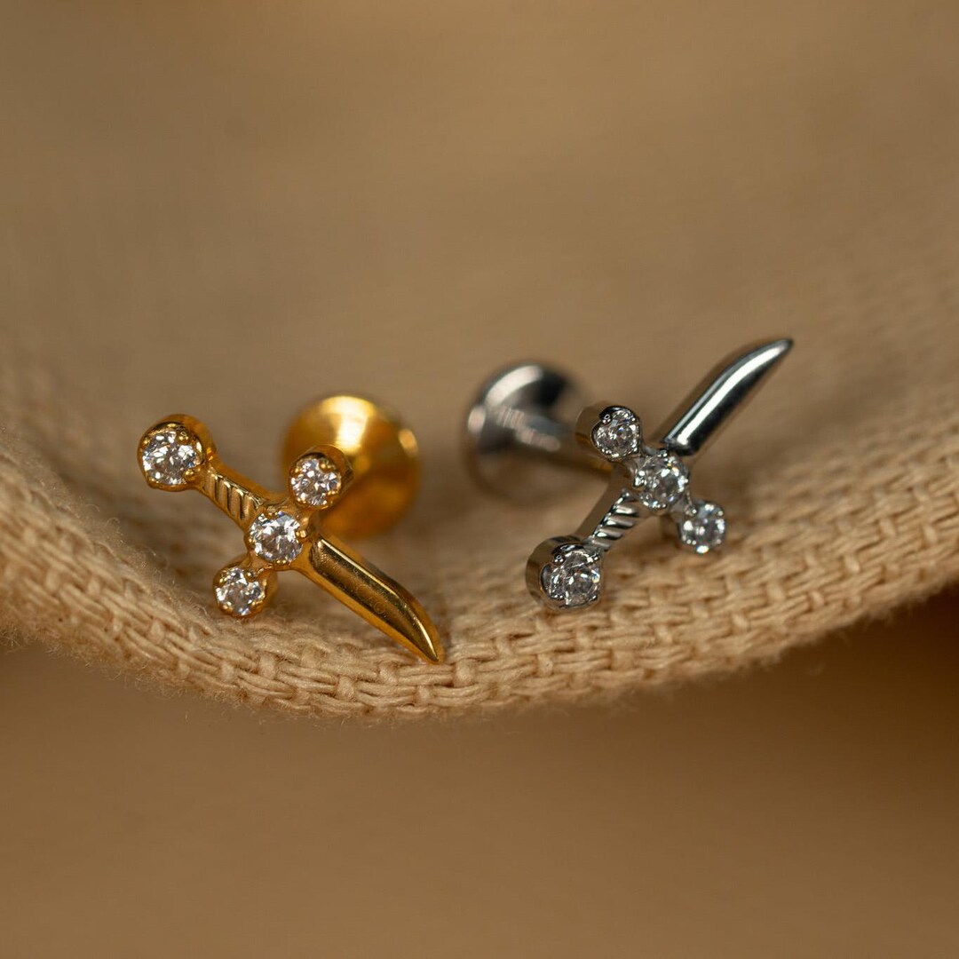16G CZ Dagger Flat Back Stud - Screw Back Stud - Sword Earrings ...