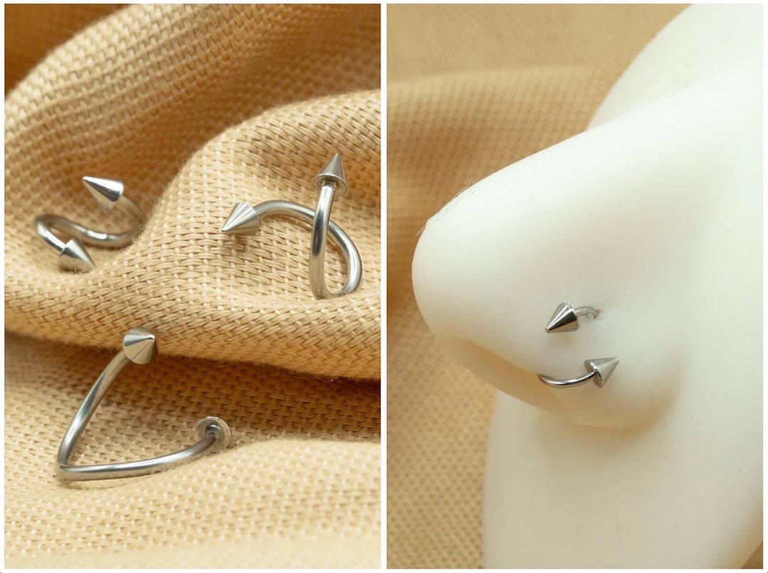 20G/18G/16G Silver Spikes Nose Ring • Spiral Hoop • Twist Nose Ring • Nose Piercing • Twisted ...