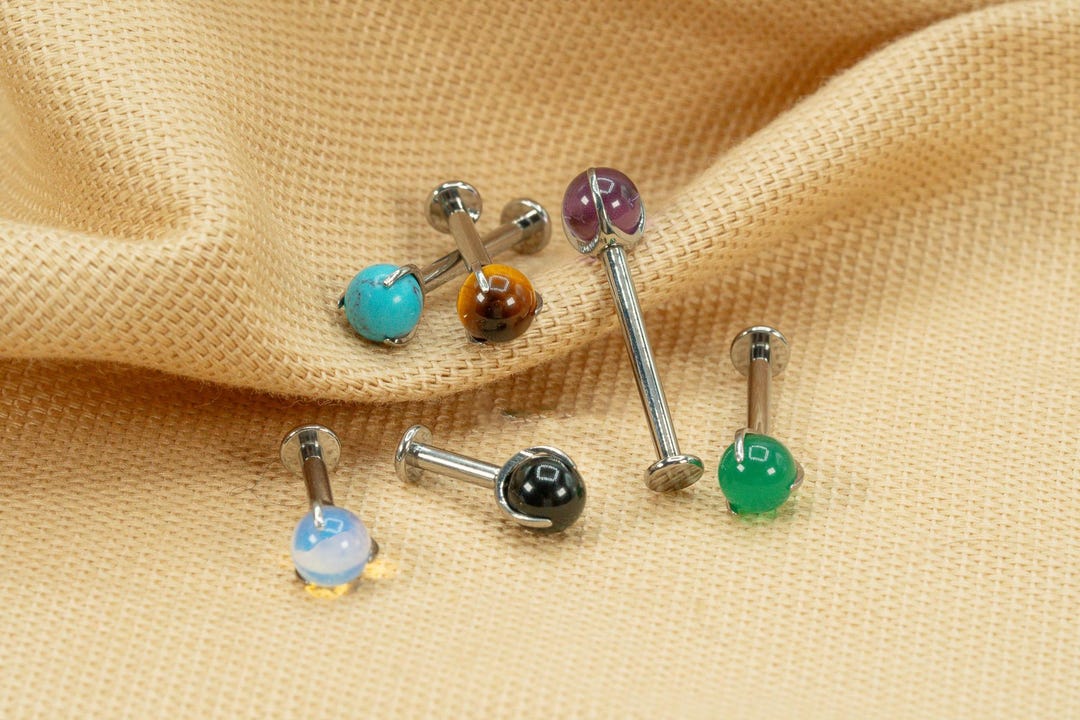 16G/14G Natural Stone Flat Back Labret • Titanium Threaded Stud ...