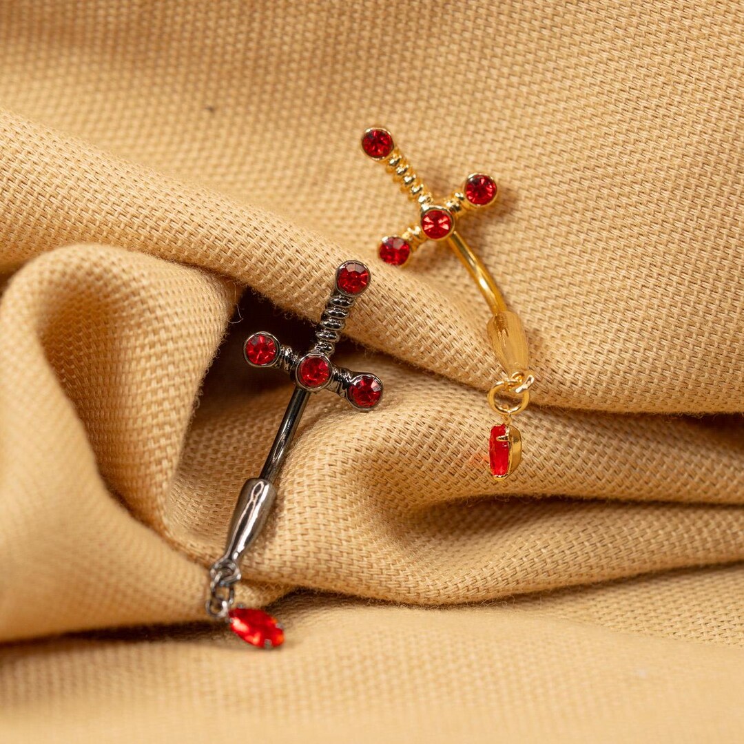 14G Dagger Sword Marquise Dangle Belly Button Ring Dangle Navel Jewelry ...