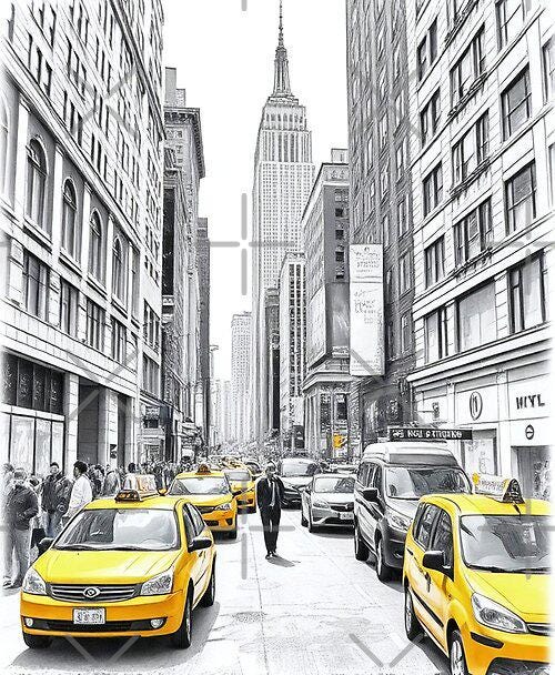 8K - Realistic Pencil Drawing of New York City – Busy Street Scene With ...