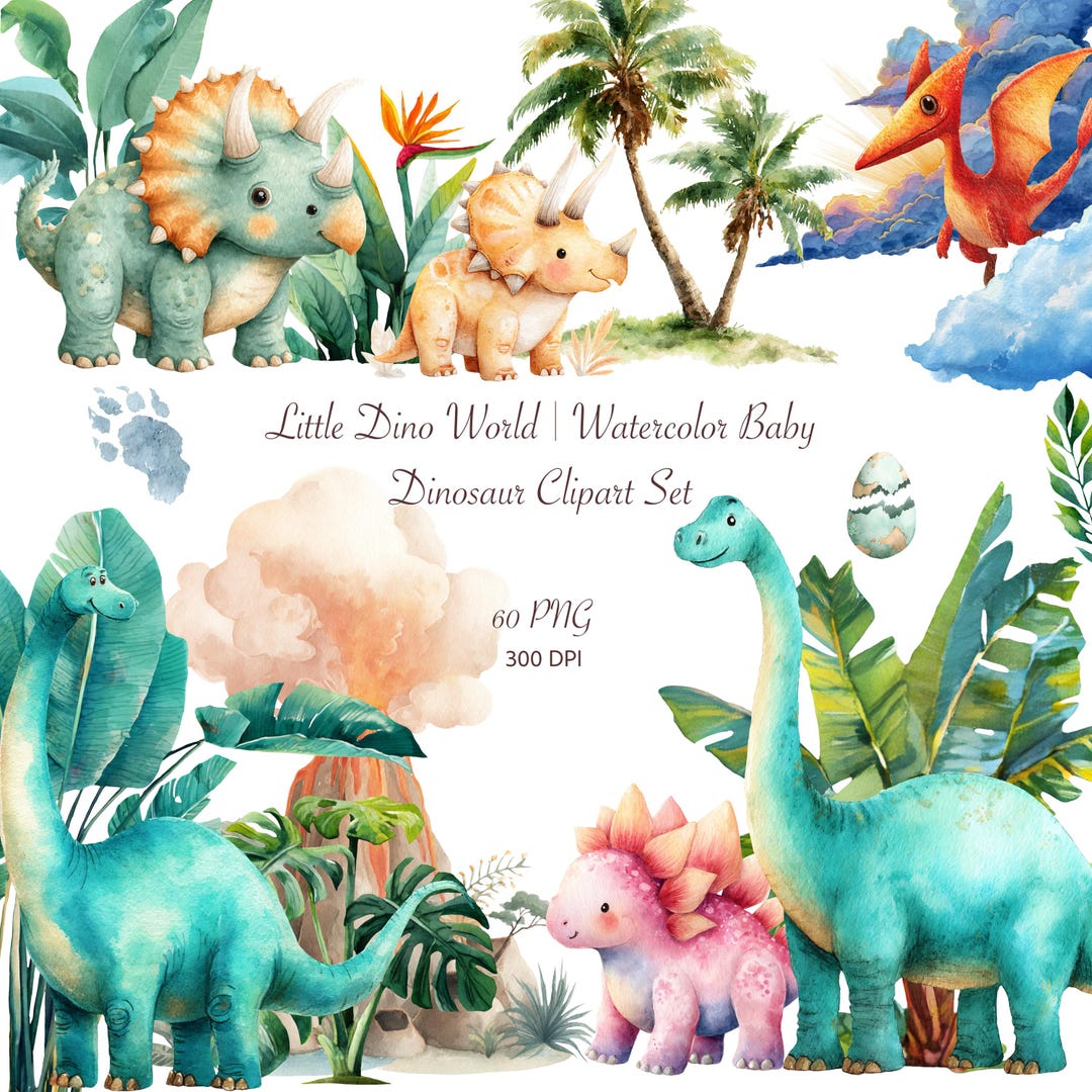 Watercolor Baby Dinosaur Clipart Set | Nursery Art (PNG) - Etsy