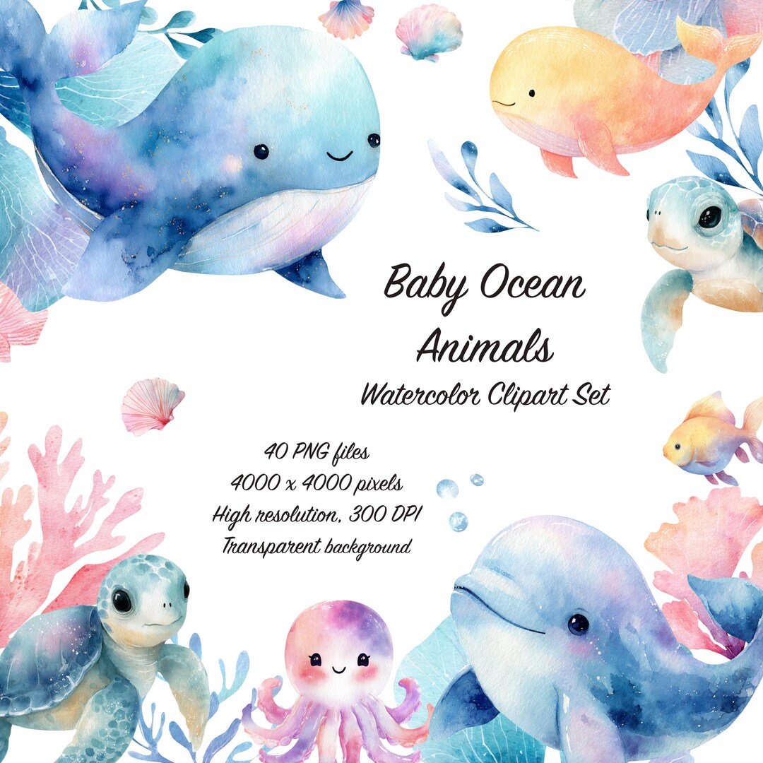 Baby Ocean Animals Clipart Set – Watercolor Sea Creatures PNG for ...