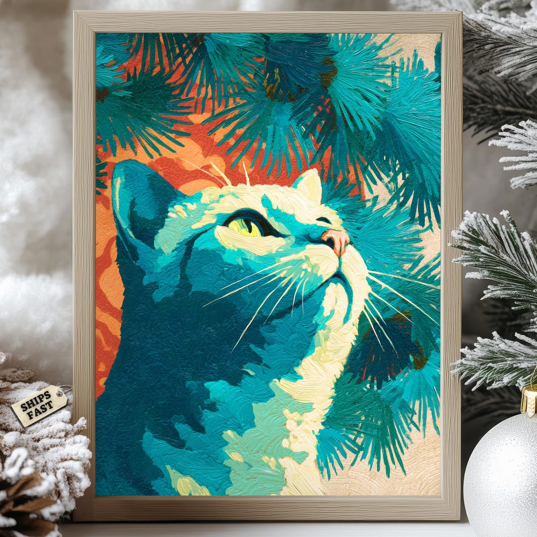 Impasto Blue Cat Poster, Palette Knife Pet Portrait, Japanese Pine ...
