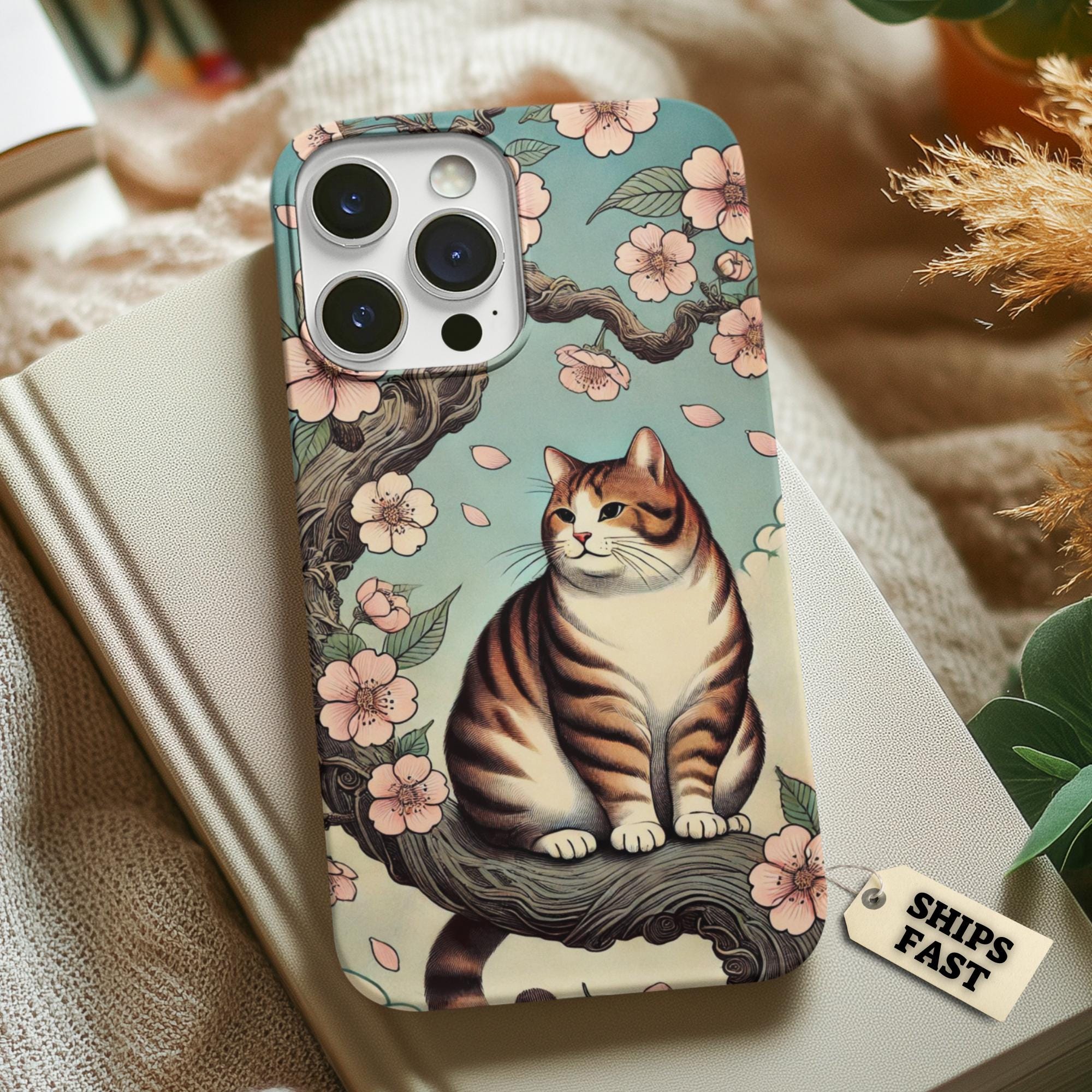 Japanese Cat Ukiyo-e Style Art Phone Case, Sakura Blossoms Design, Blue ...