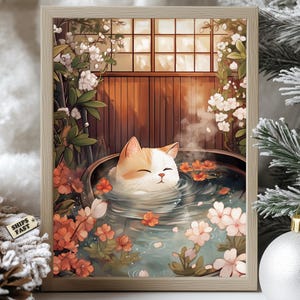 Japanese Cat Onsen Poster - Calico Cat Relaxing, Hot Spring Wall Art ...