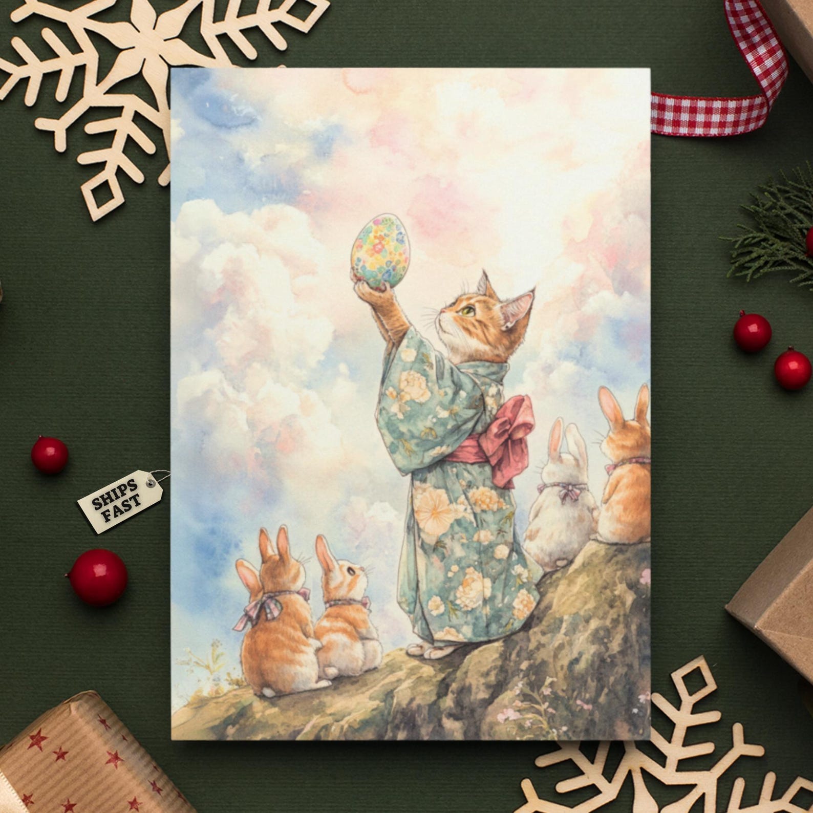 Easter Cat Greeting Card - Cute Kimono Japanese Cat With Rabbits ...