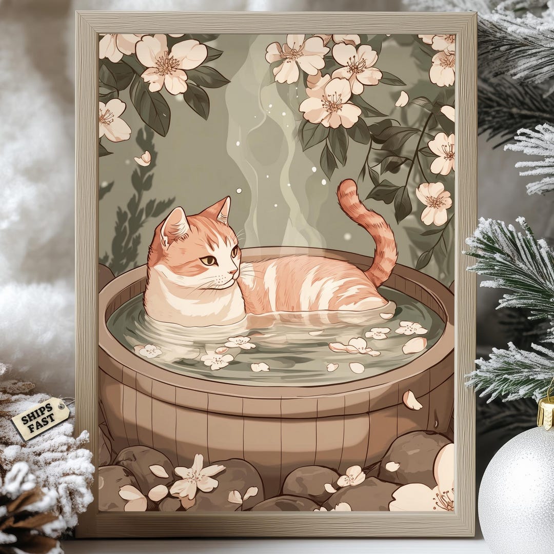 Cat Bath Poster - Japanese Onsen Cat Wall Art, Relaxing Hot Spring Art ...