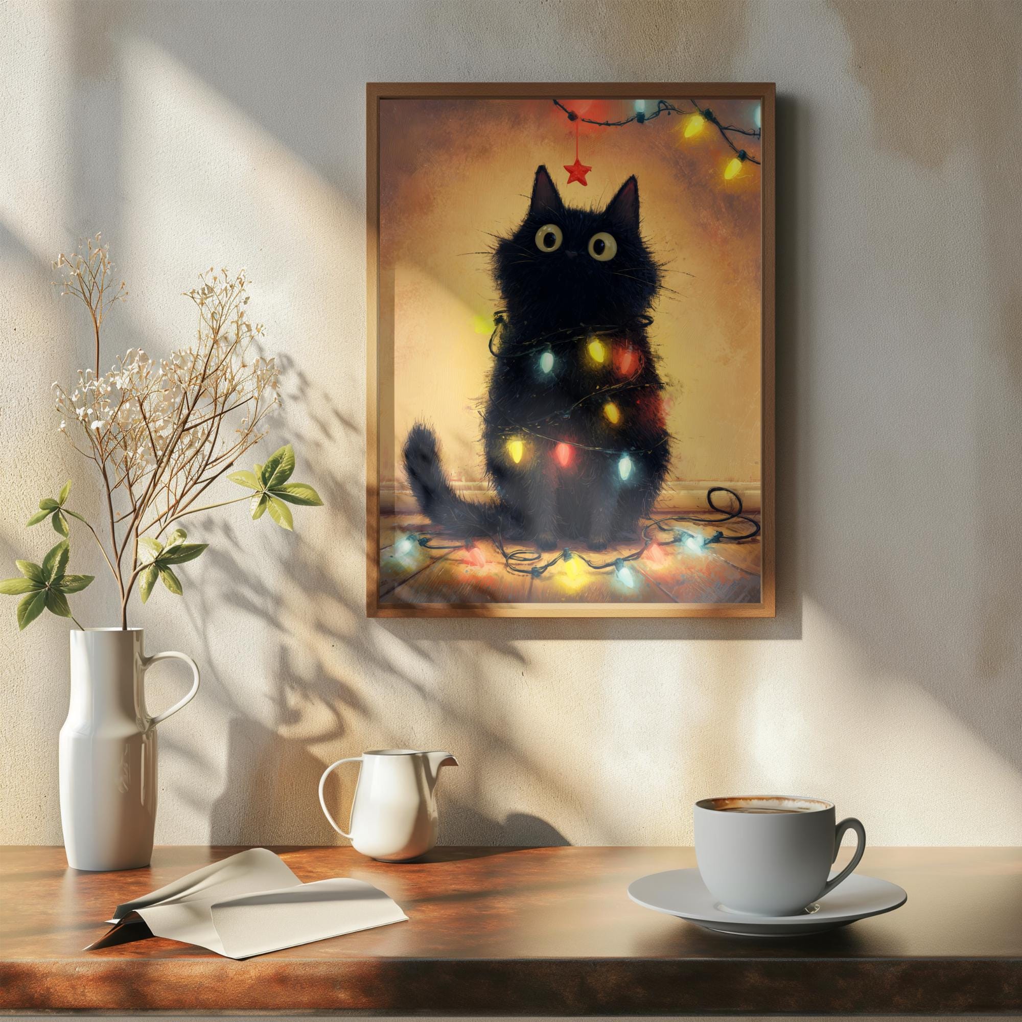 Funny Black Cat Christmas Lights Art, Winter Holiday Decor Poster - Etsy