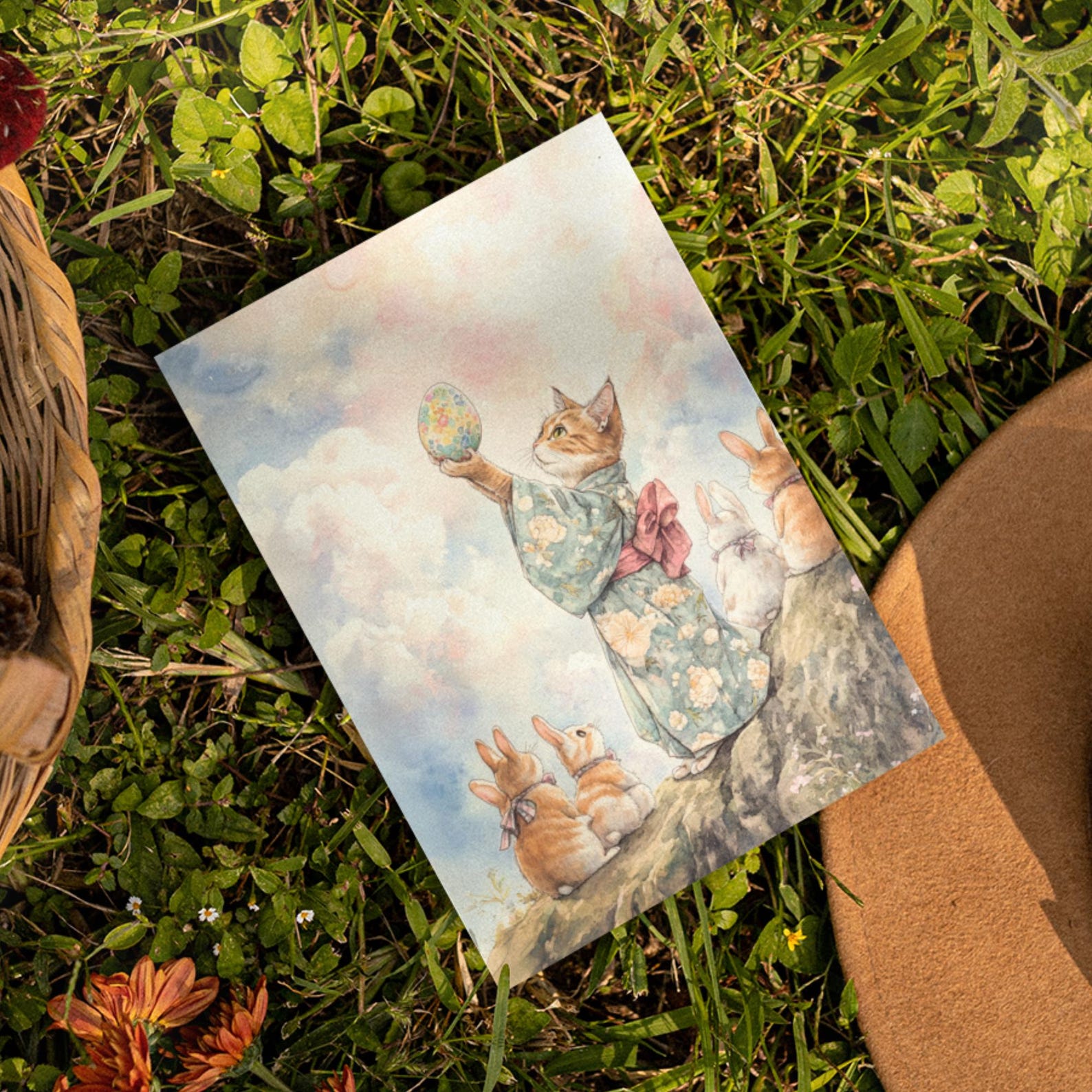Easter Cat Greeting Card - Cute Kimono Japanese Cat With Rabbits ...