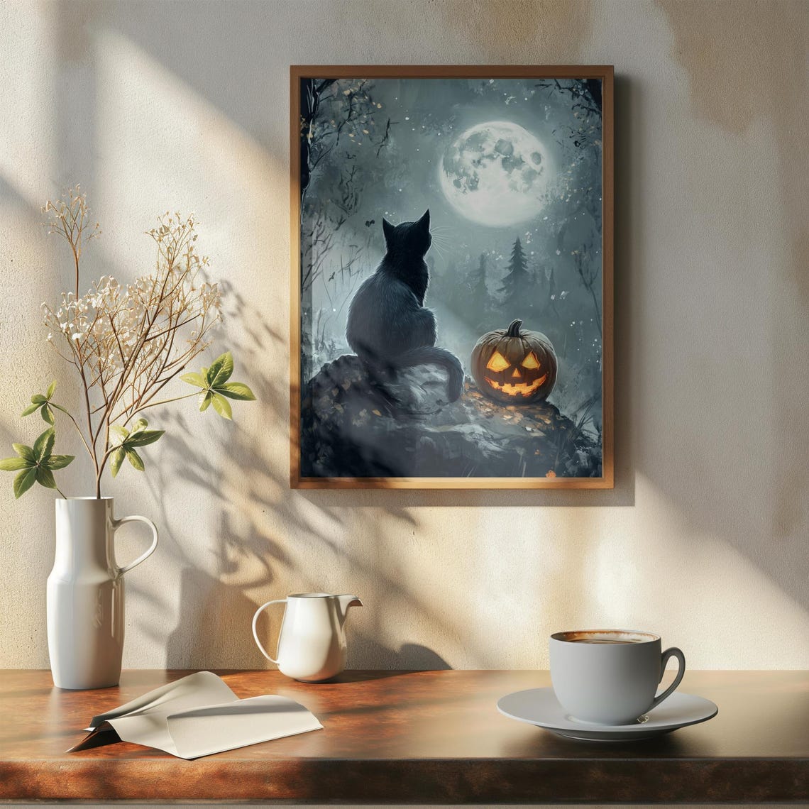 Halloween Black Cat Poster: Gothic Jack-o'-lantern Moon Art - Etsy