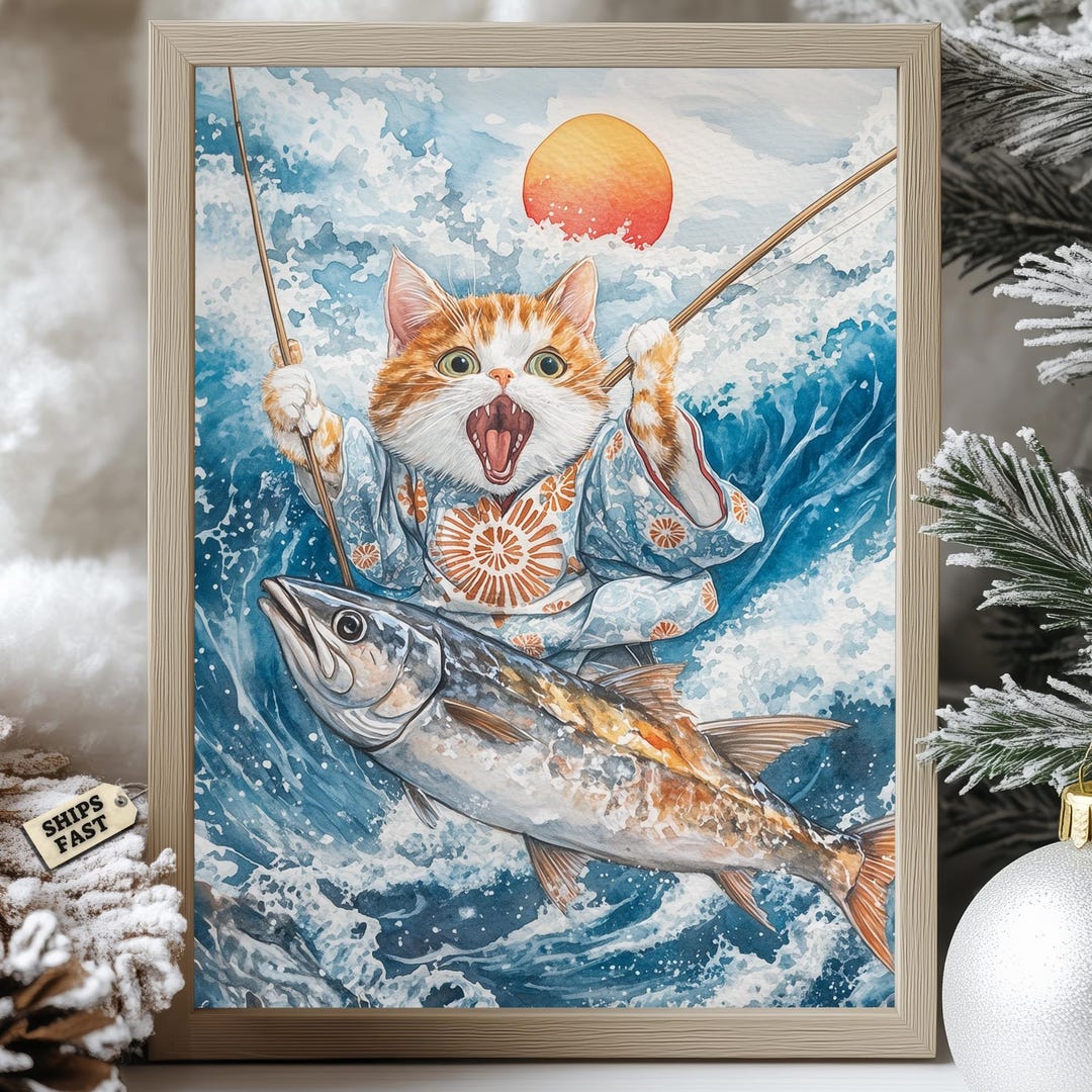 Japanese Cat Fishing Poster - Stunning Watercolor Art With Ocean Waves ...