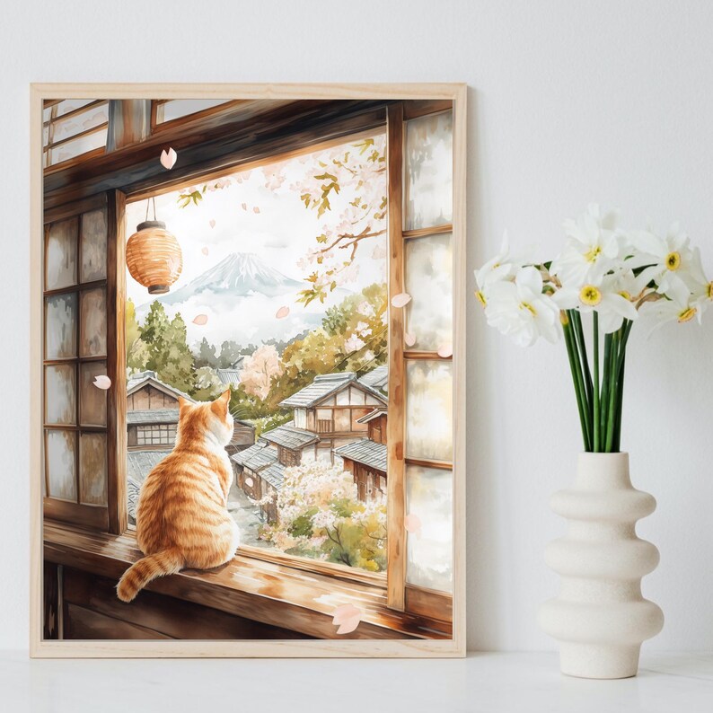 Japanese Cat Mount Fuji Poster: Sakura Village Window View - Etsy