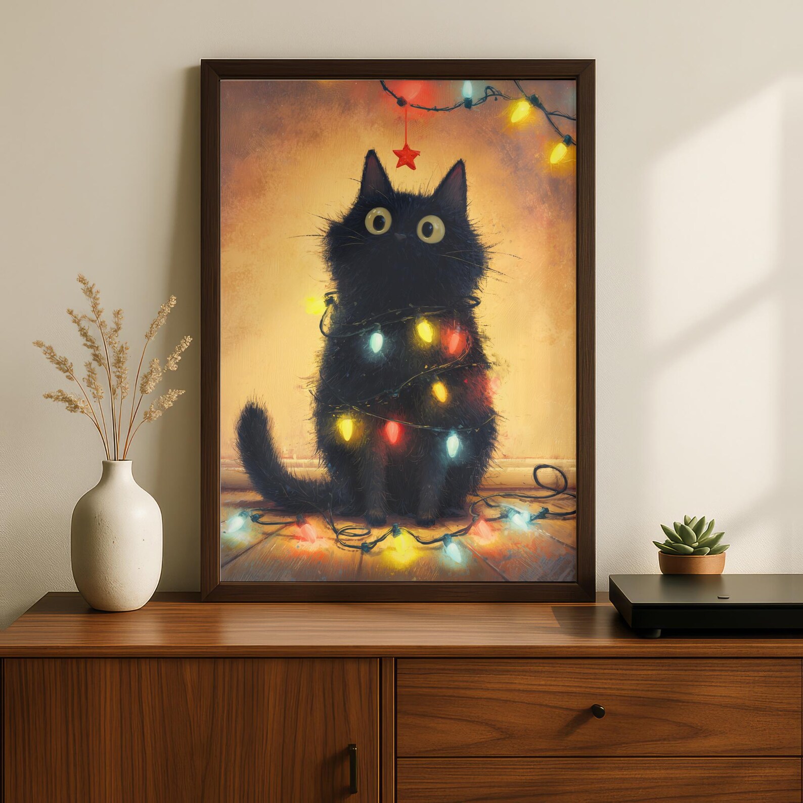 Funny Black Cat Christmas Lights Art, Winter Holiday Decor Poster - Etsy
