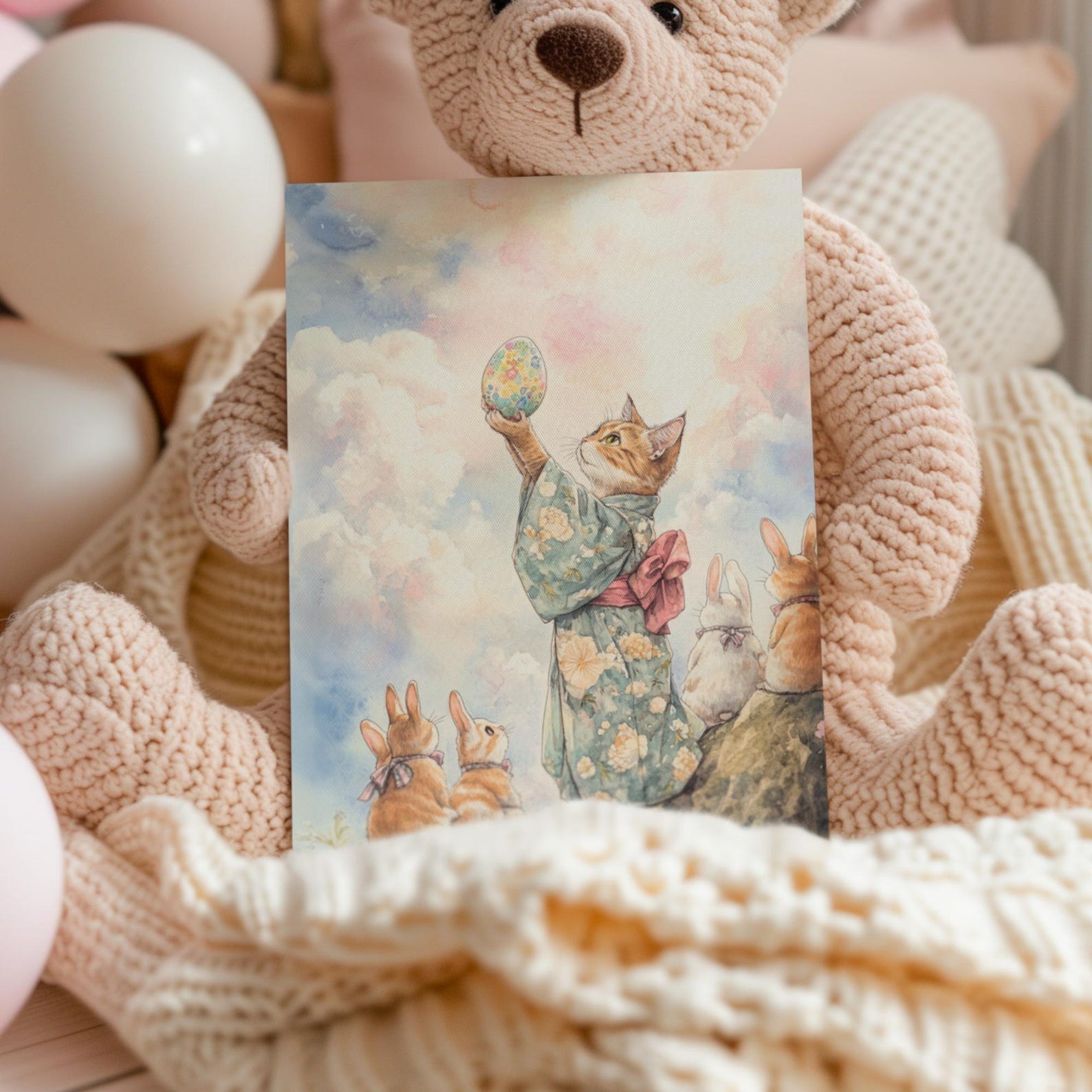 Easter Cat Greeting Card - Cute Kimono Japanese Cat With Rabbits ...