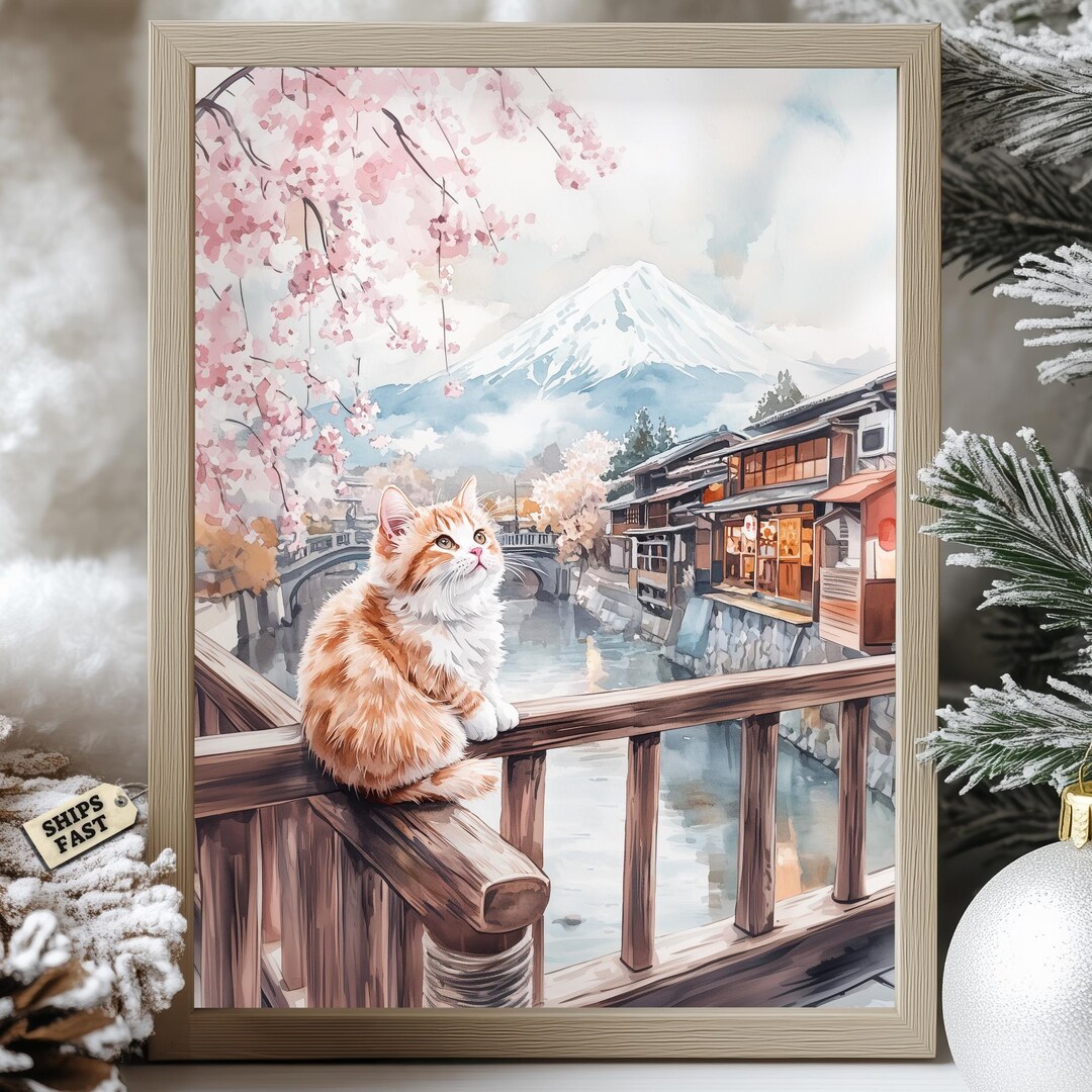 Orange Tabby Cat Japanese Art Print: Mount Fuji Cherry Blossom Poster ...