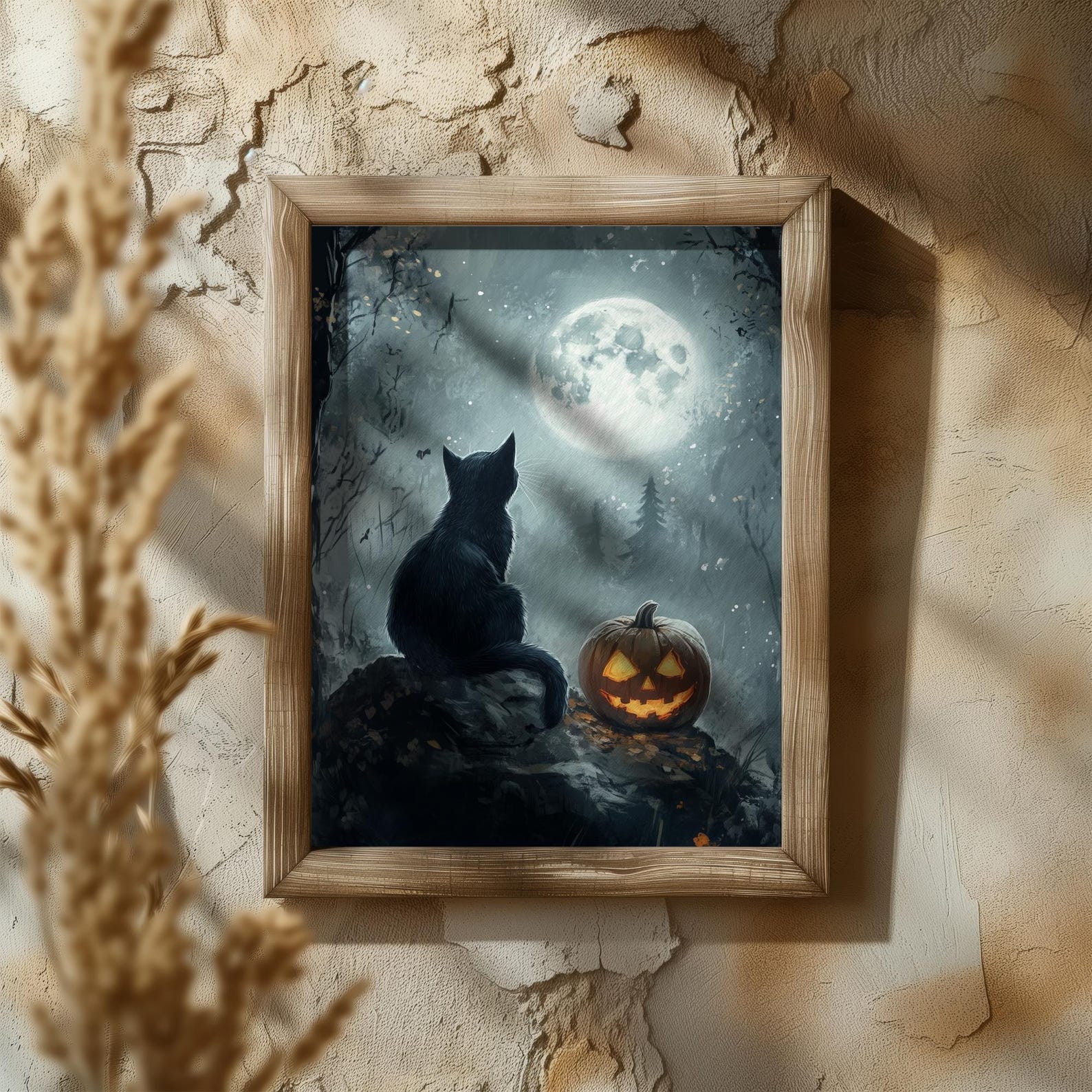 Halloween Black Cat Poster: Gothic Jack-o'-lantern Moon Art - Etsy