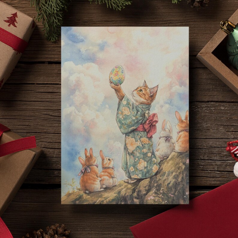 Easter Cat Greeting Card - Cute Kimono Japanese Cat With Rabbits ...