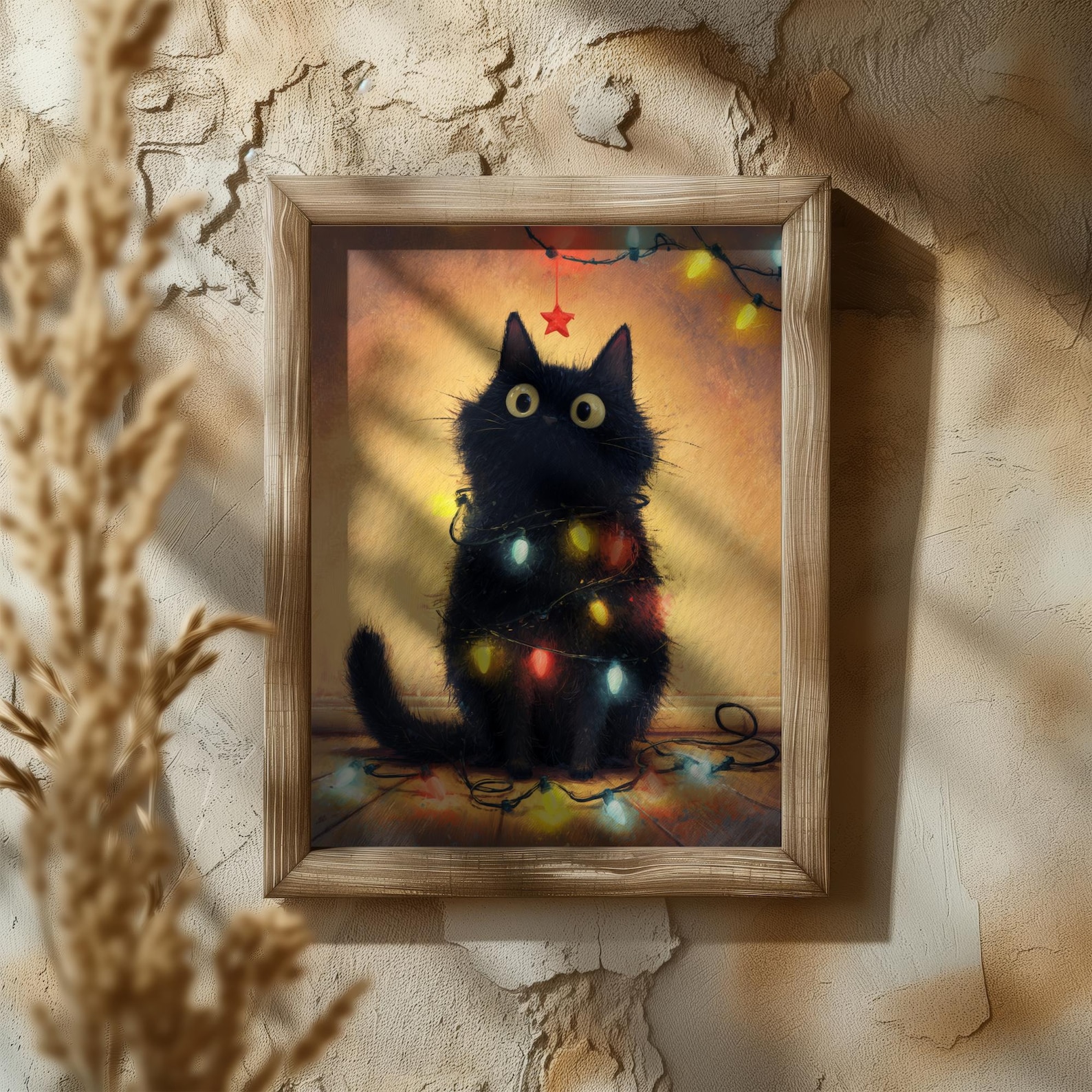 Funny Black Cat Christmas Lights Art, Winter Holiday Decor Poster - Etsy