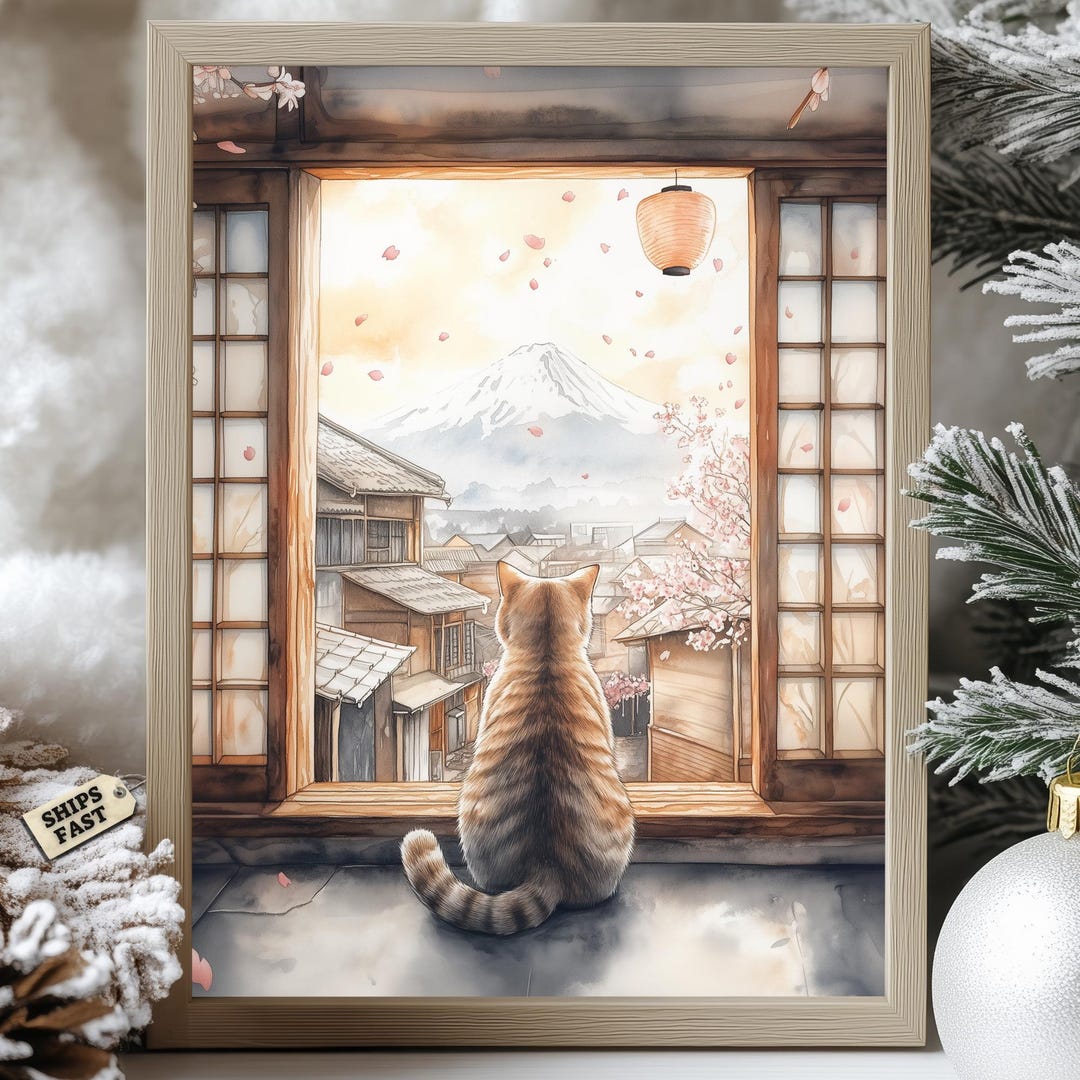 Japanese Tabby Cat Window View Poster - Mount Fuji Aesthetic Print ...