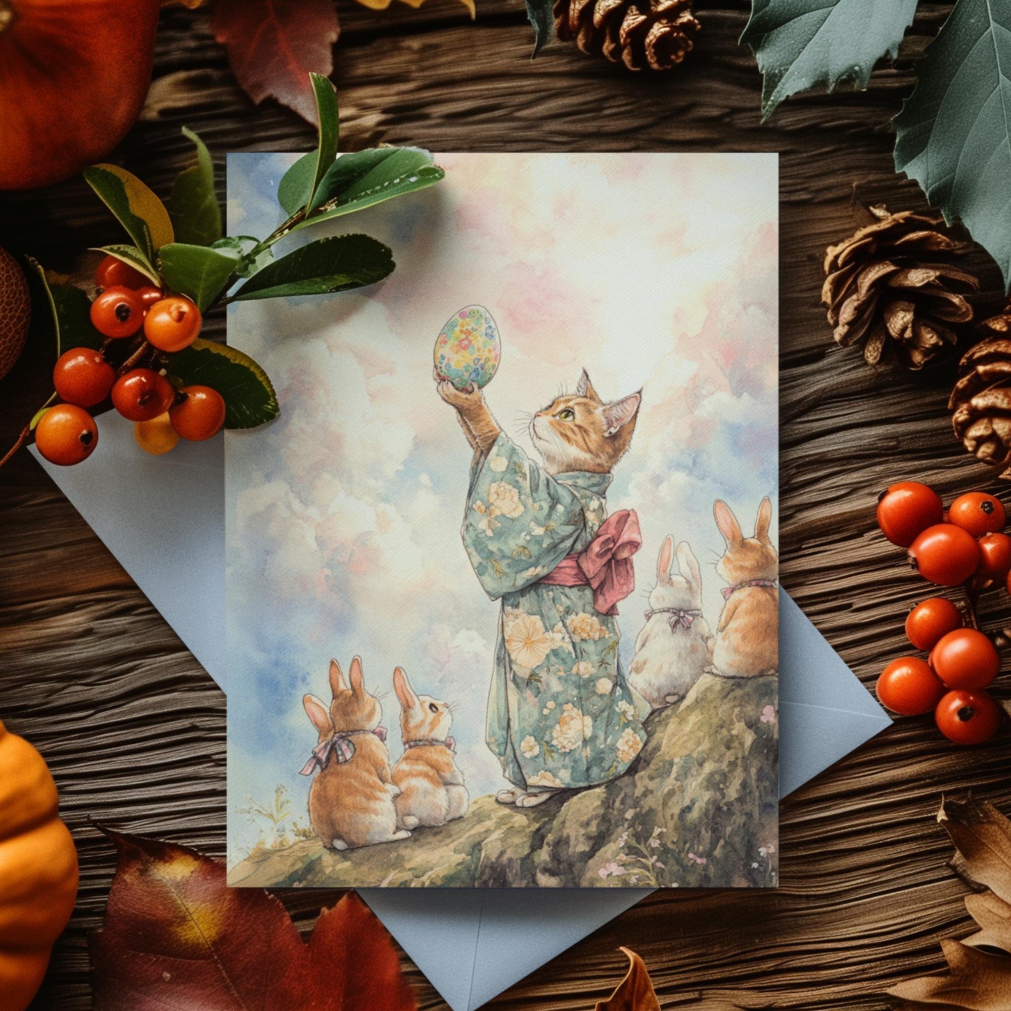 Easter Cat Greeting Card - Cute Kimono Japanese Cat With Rabbits ...