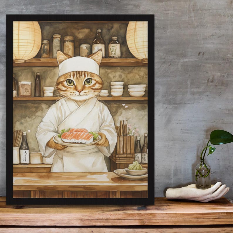 Sushi Chef Cat Poster: Japanese Kitchen Art, Salmon Sushi Print - Etsy