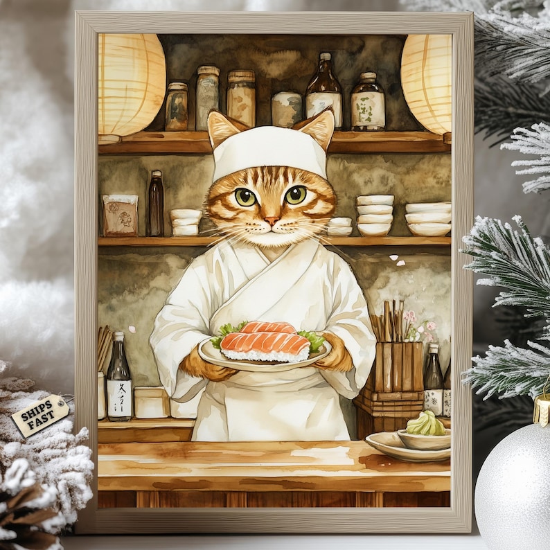 Sushi Chef Cat Poster: Japanese Kitchen Art, Salmon Sushi Print - Etsy