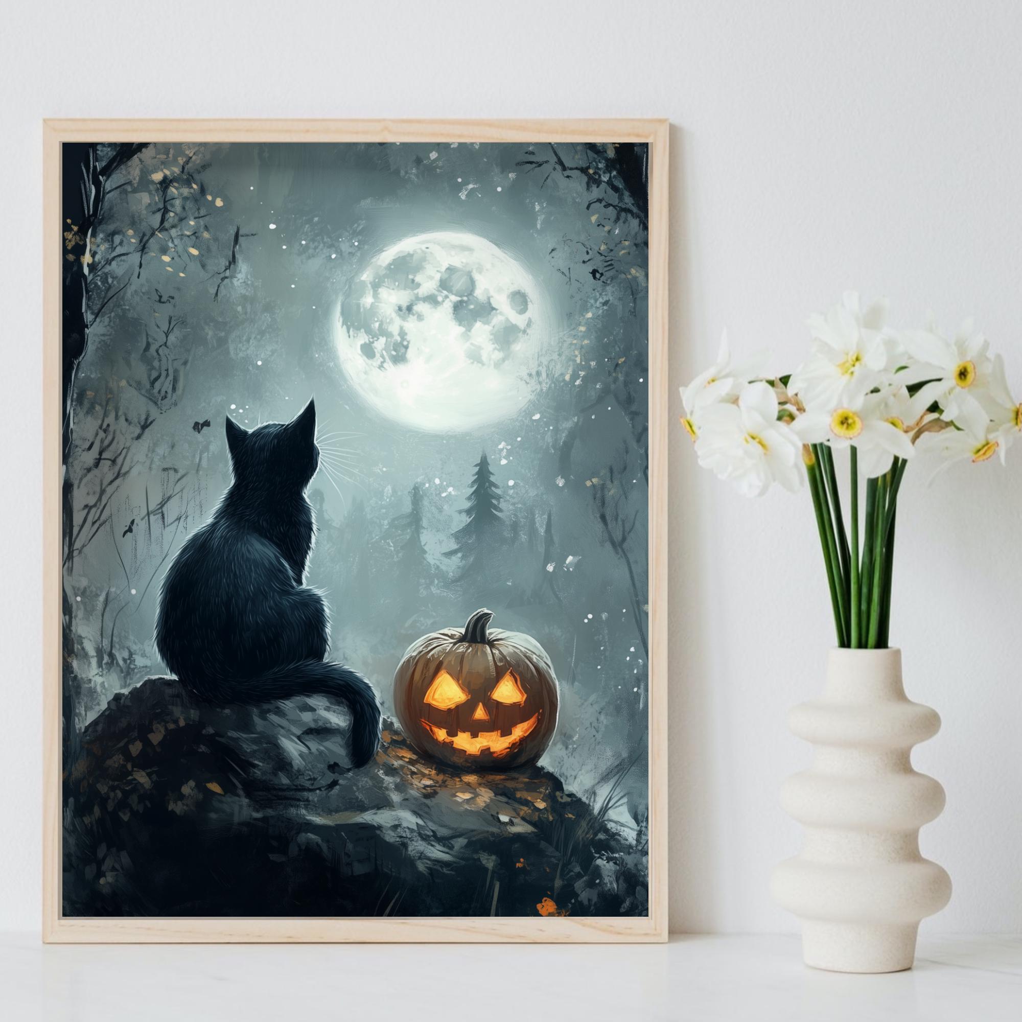 Halloween Black Cat Poster: Gothic Jack-o'-lantern Moon Art - Etsy