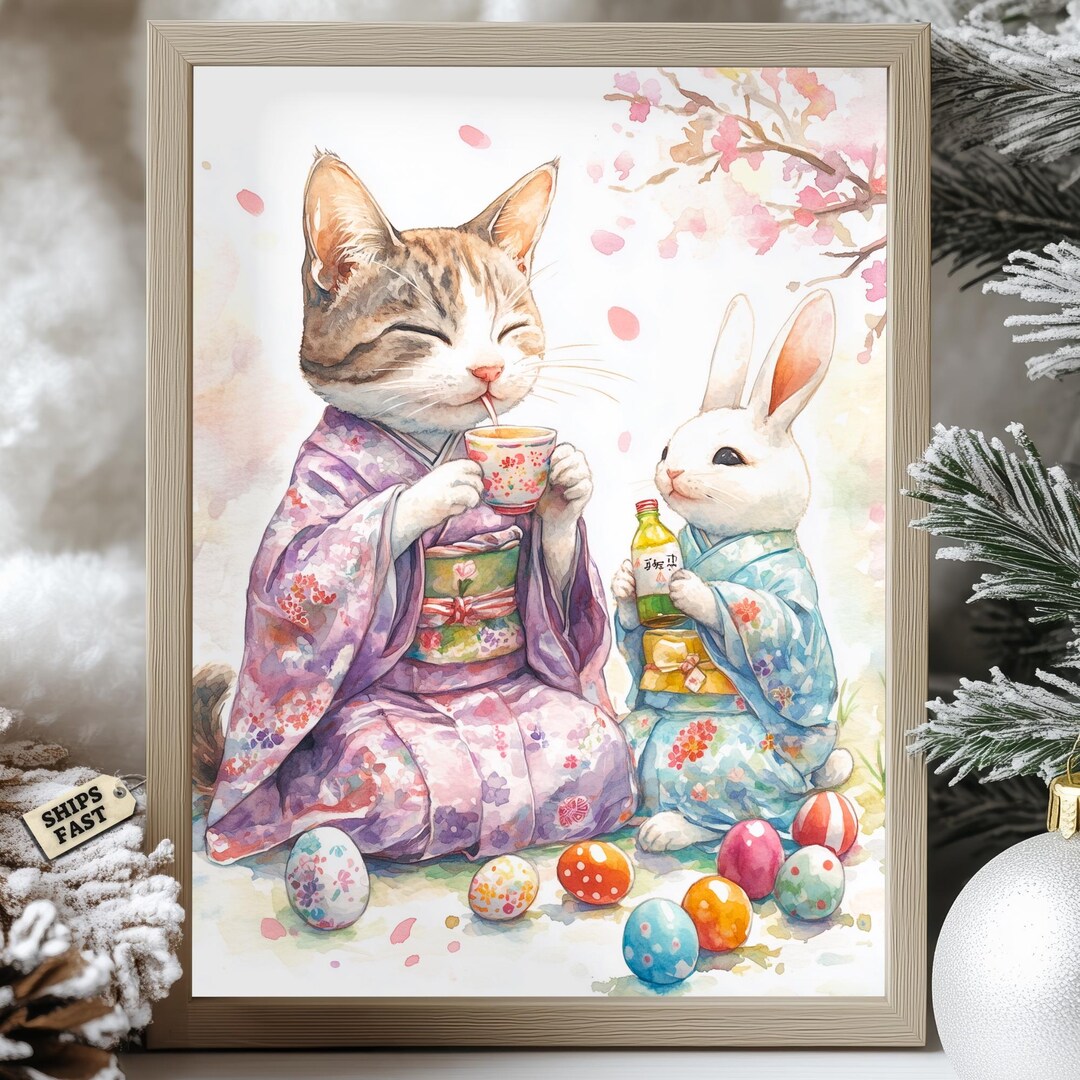 Japanese Kimono Cat and Bunny Tea Party, Sakura Spring Art, Cute ...
