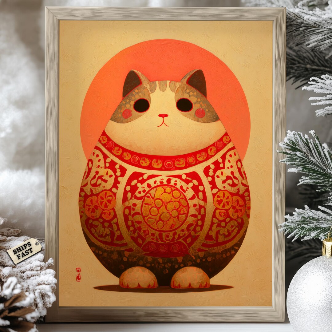 Daruma Lucky Cat Illustration Poster, Red Japanese Folk Art, Minimal ...