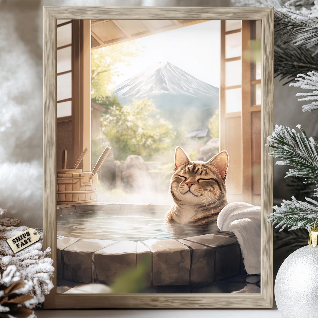 Japanese Cat Onsen Poster - Mt. Fuji Hot Spring Wall Art, Zen Spa ...